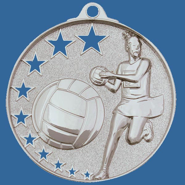 MH911St Netball Medal Silver Bright Star Series with engraving and ribbon